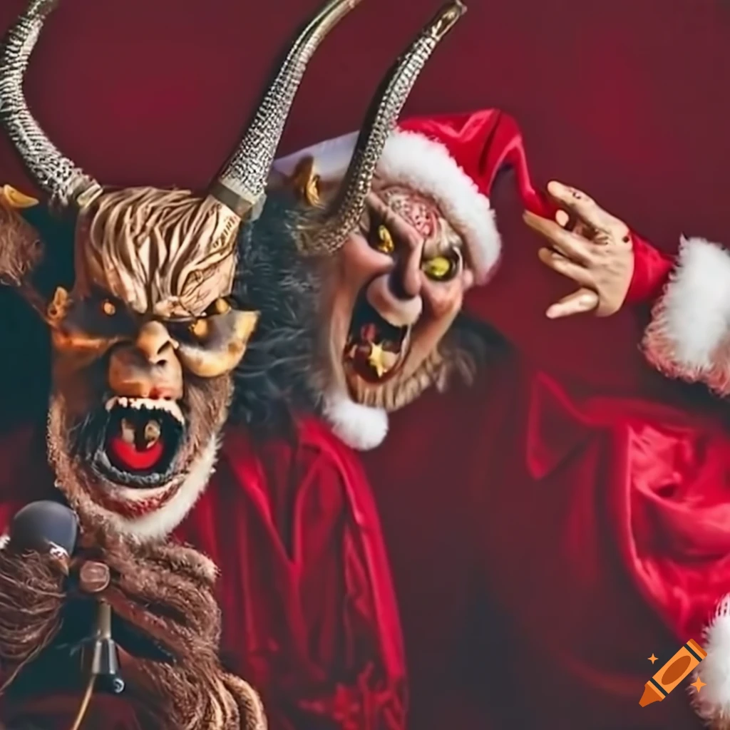 Santa claus and krampus singing christmas karaoke on Craiyon