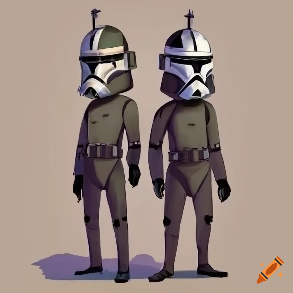 Two men in soot suits and clone trooper helmets in chibi anime style on ...