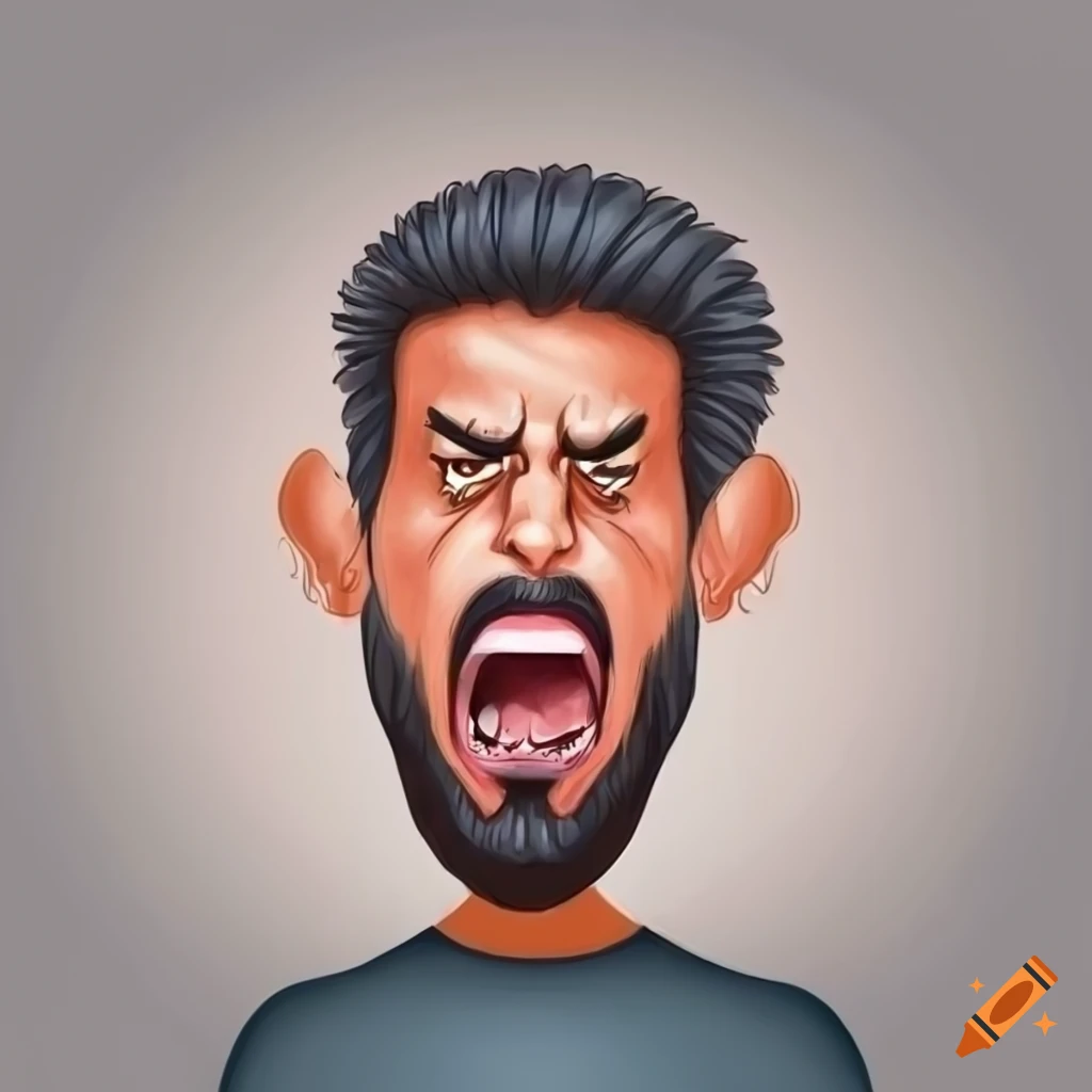 Caricature of angry bearded man yelling on Craiyon