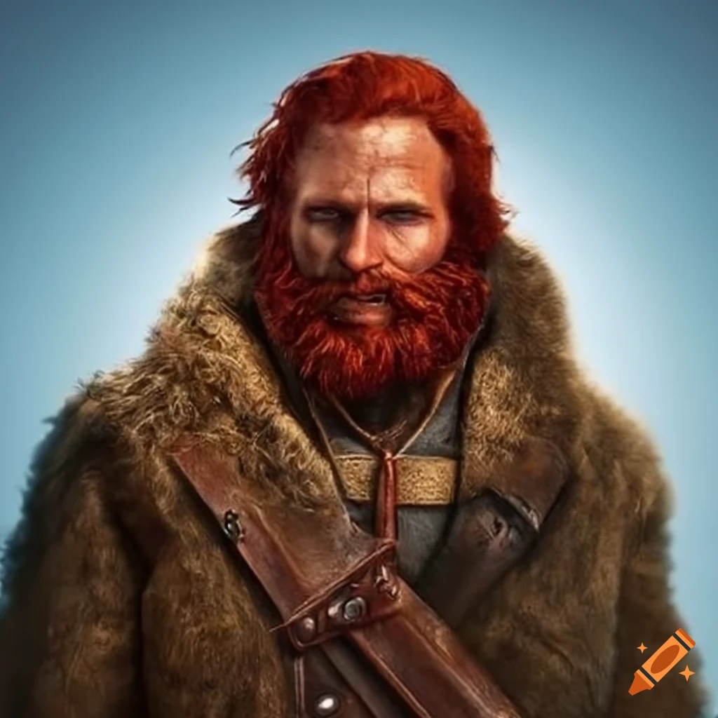 Polar explorer with bronze skin, red hair, and red beard on Craiyon