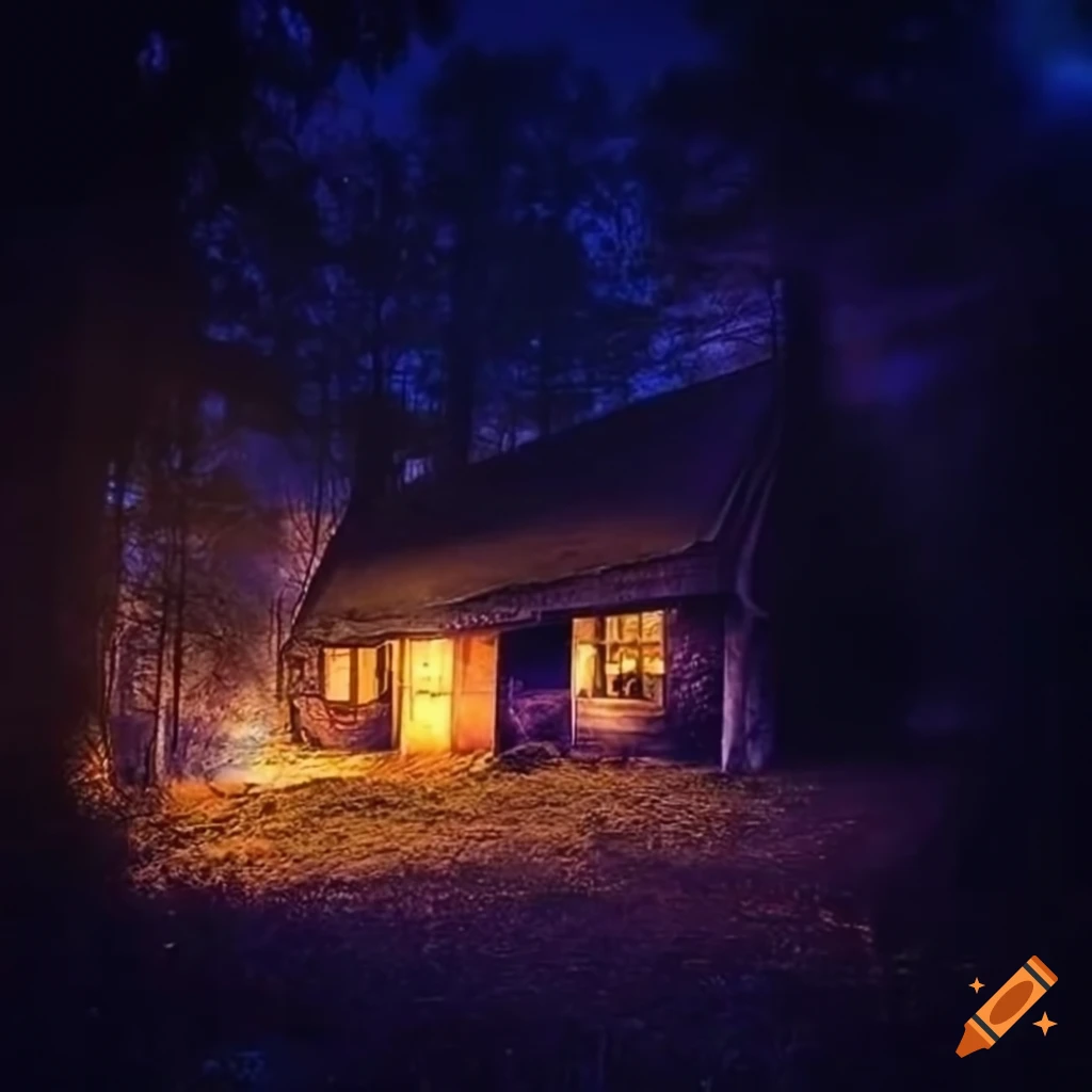 Enchanting cozy cottage in a night forest with ethereal purple glow on ...