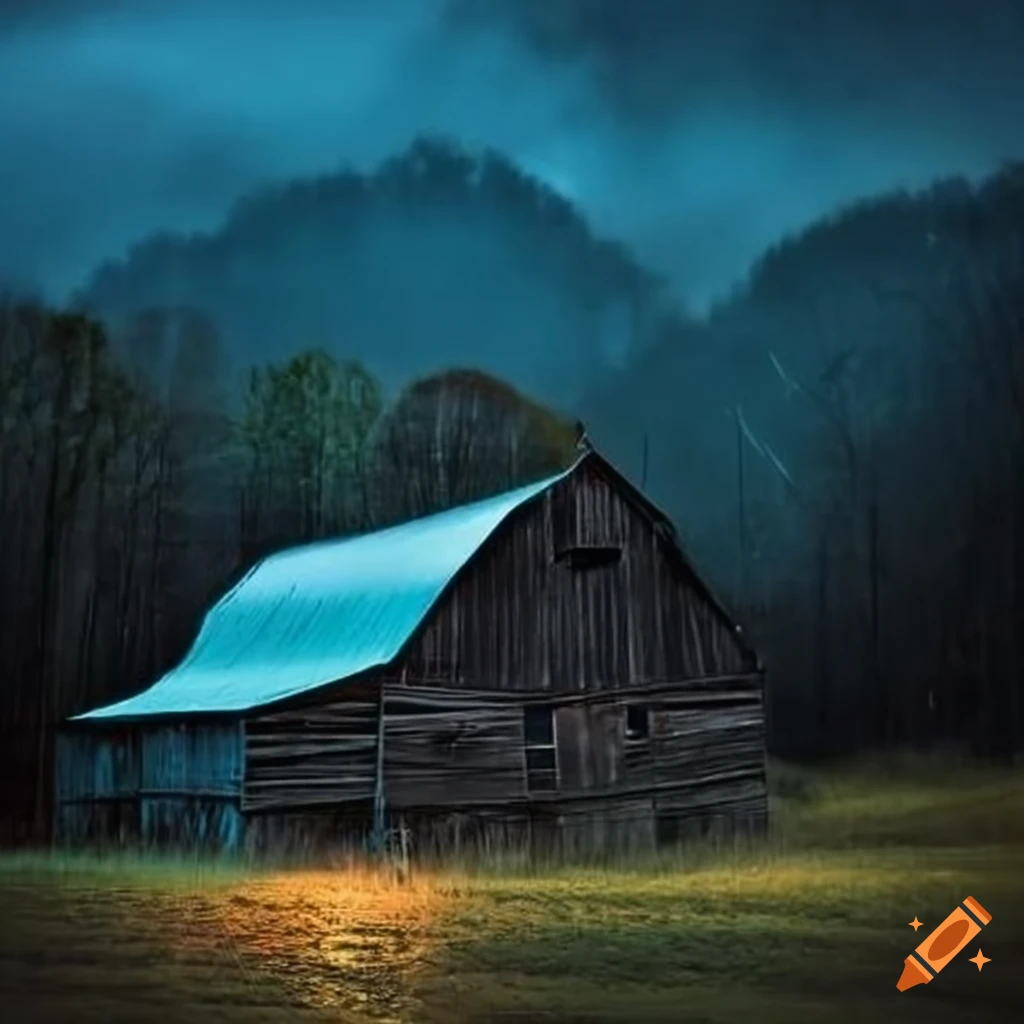 Appalachian barn on a rainy night on Craiyon