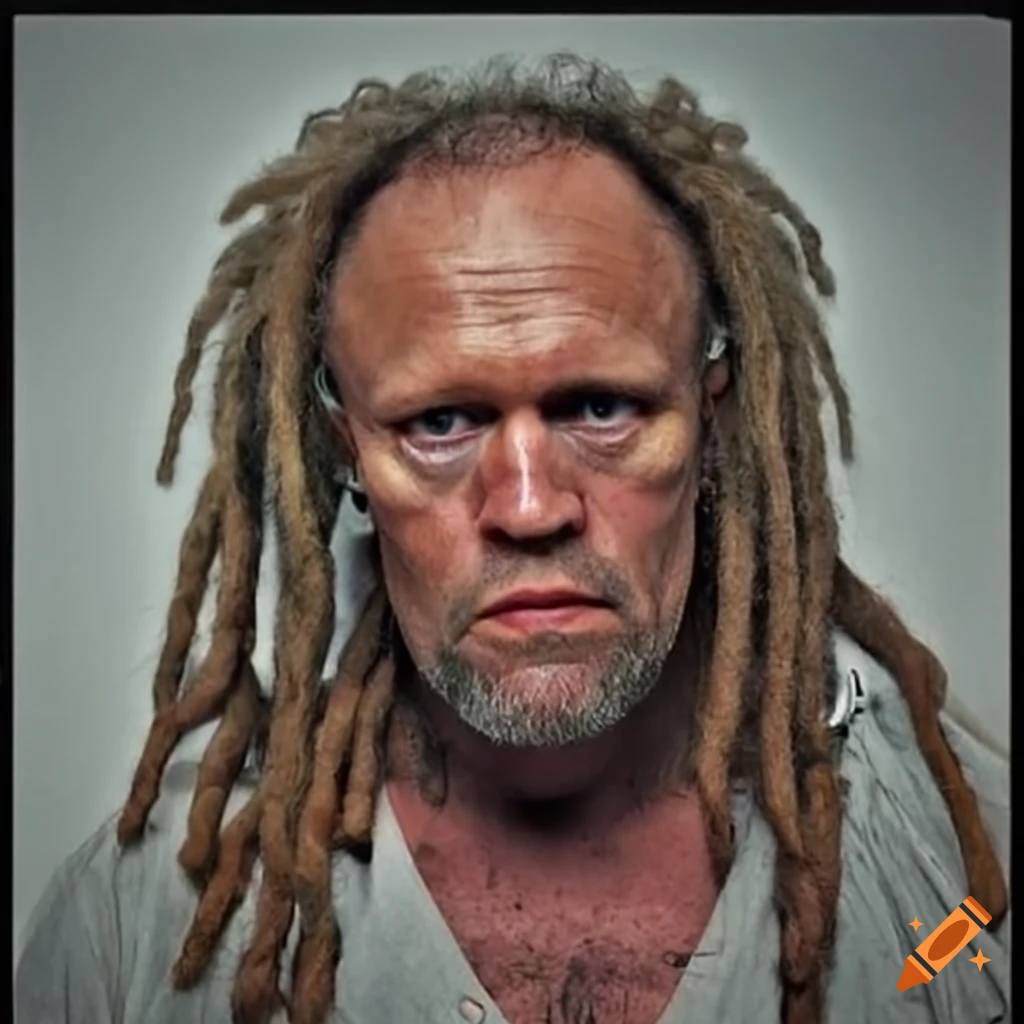 Michael rooker with dreadlocks in a prison mugshot on Craiyon