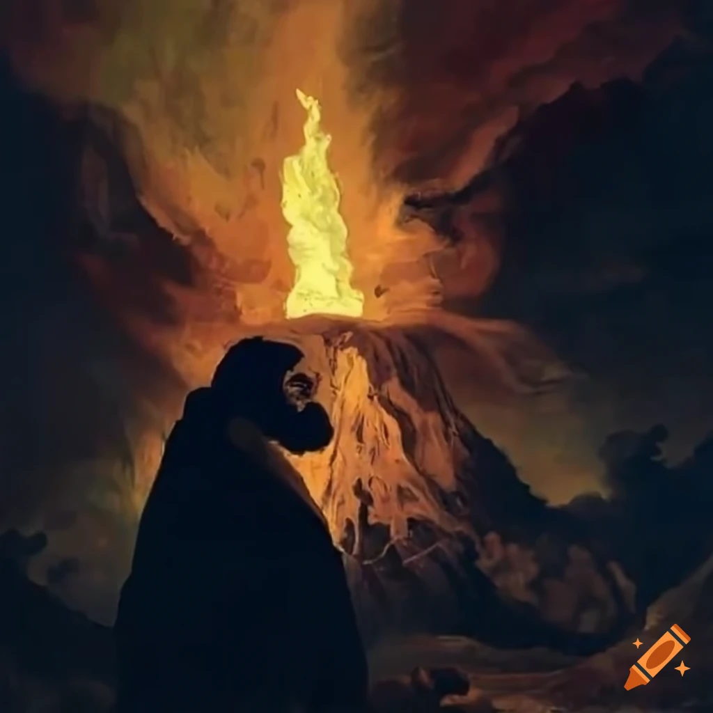 Ancient Greek man gazing madly at volcano explosion, inspired by Gustav ...