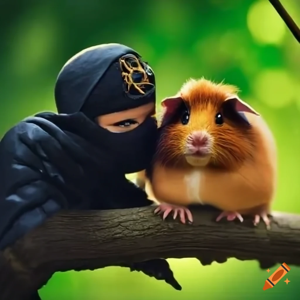 Ninja cuddling with a guinea pig in a tree on Craiyon