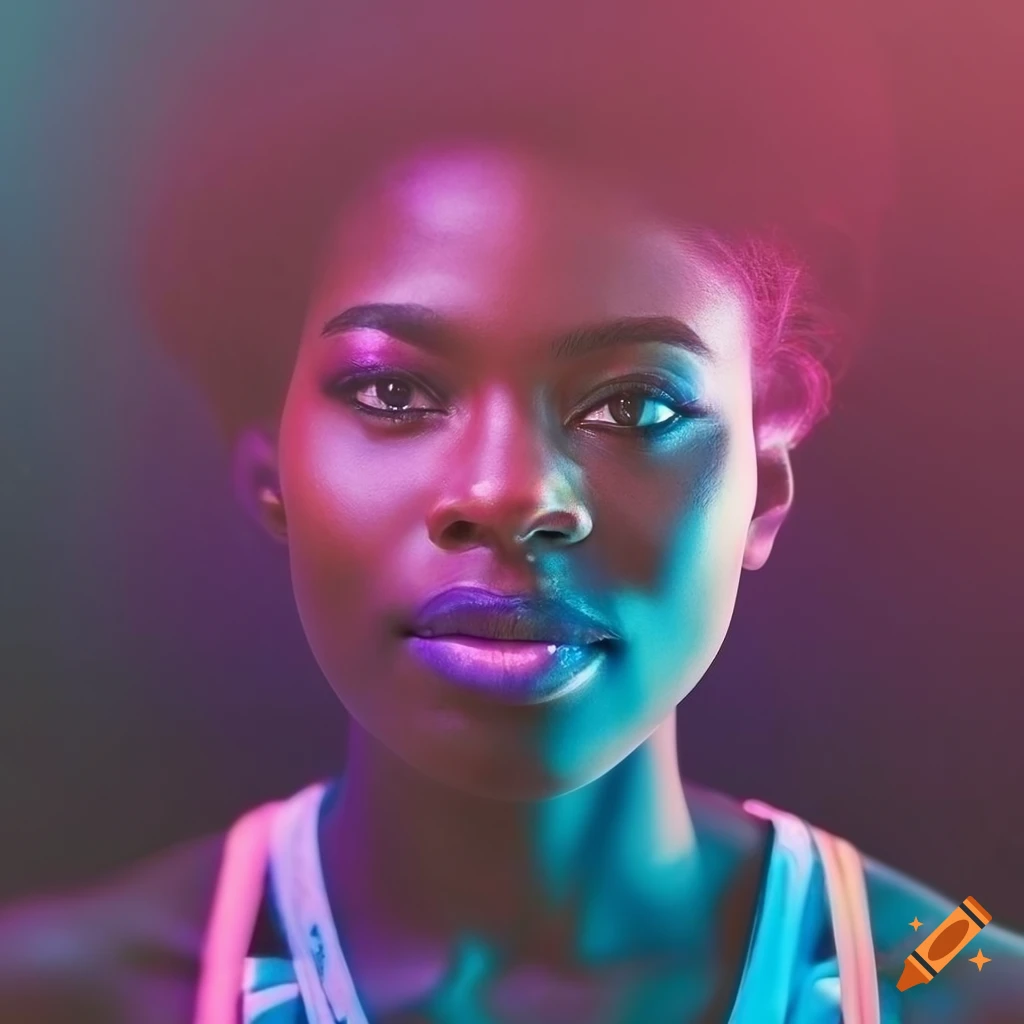 Portrait of an elegant woman with neon accents on vibrant gradient ...