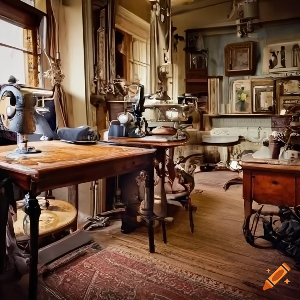 Vintage tailor shop with old sewing machine and work tables on Craiyon