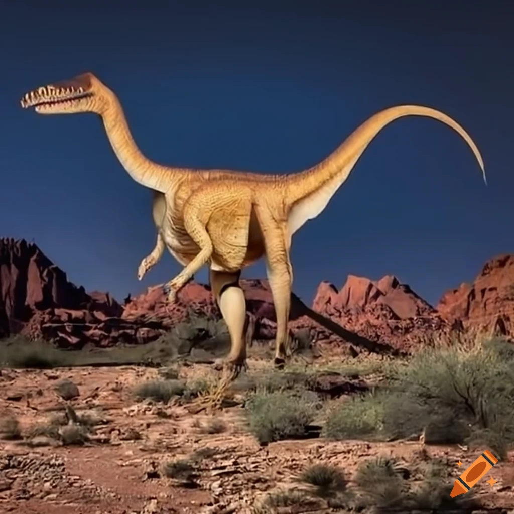 Feathered gallimimus dinosaurs in an arizona desert landscape on Craiyon