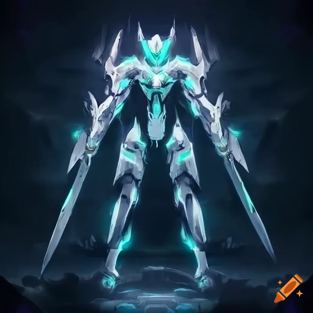 Dynamic view of slender white armored mecha with glowing blue eyes and ...
