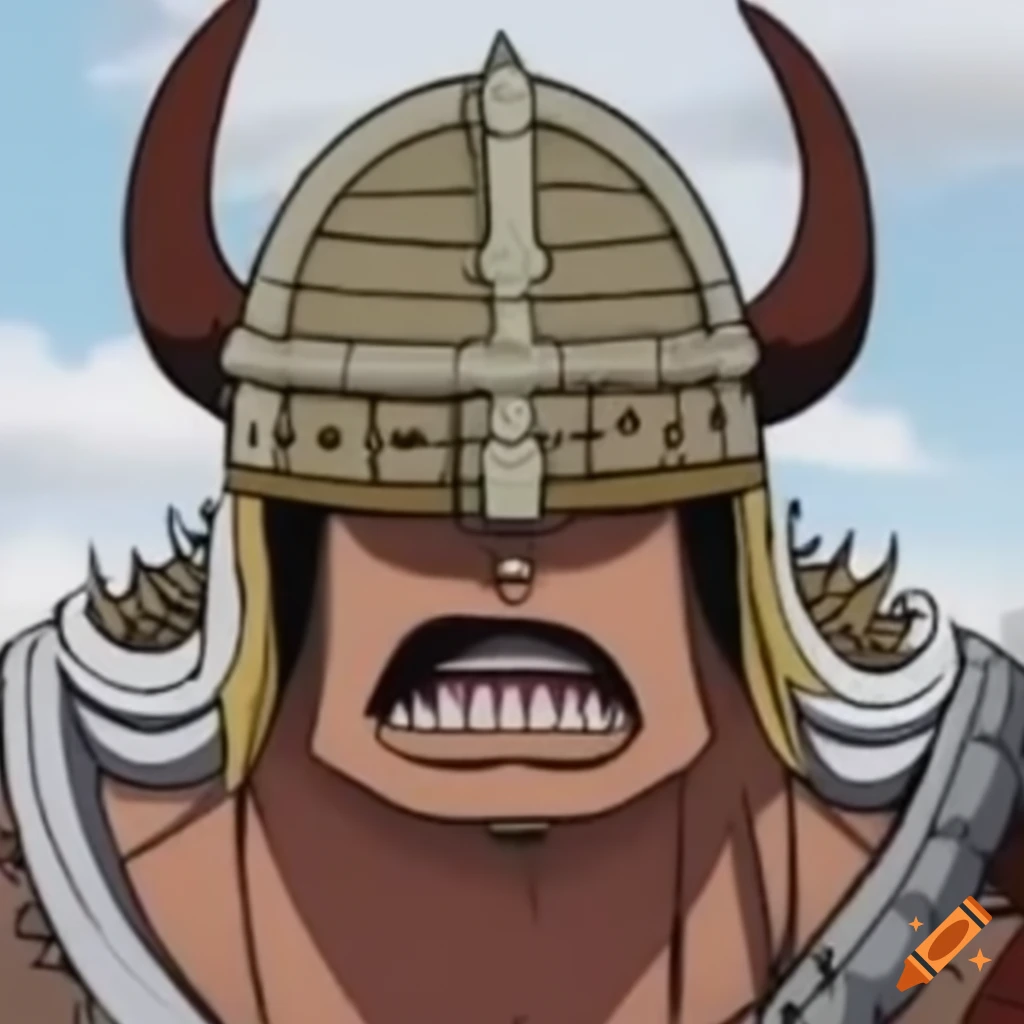 One piece anime giant wearing viking helmet on Craiyon