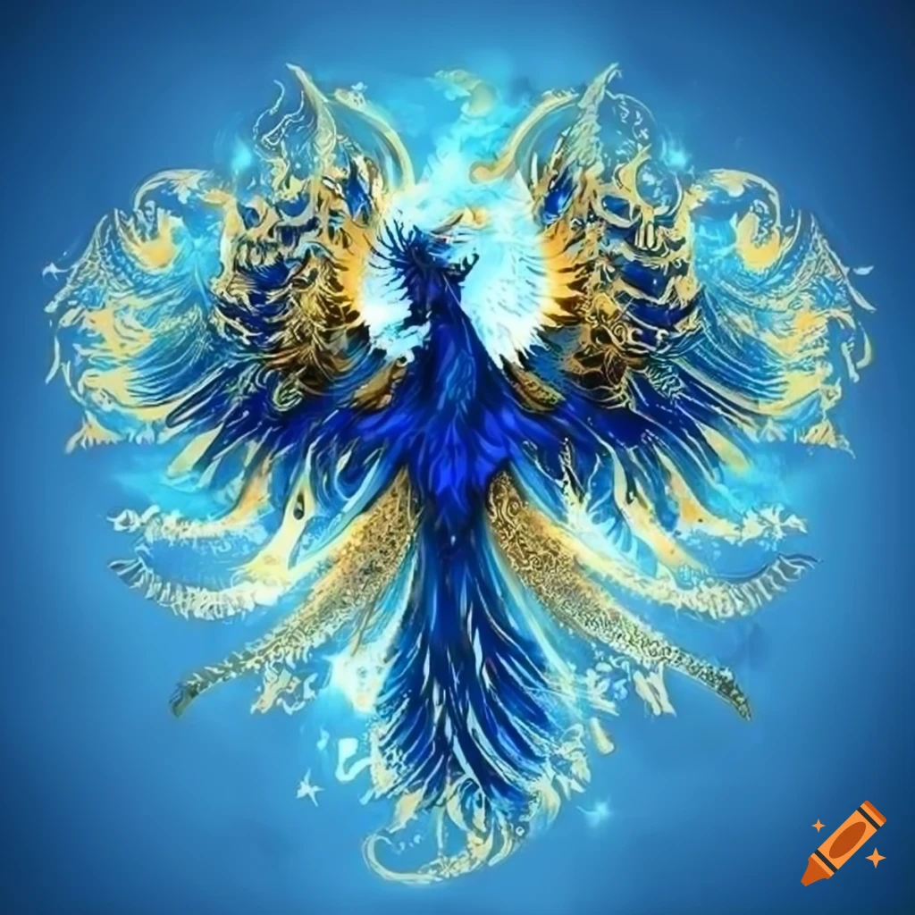 Detailed blue and gold phoenix in artistic line art on Craiyon