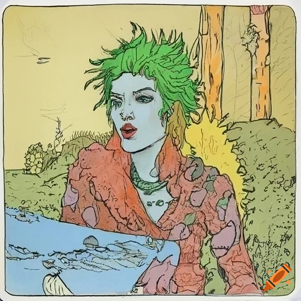 Colored ink drawing of a punk woman with a green dragon by Mœbius Jean ...