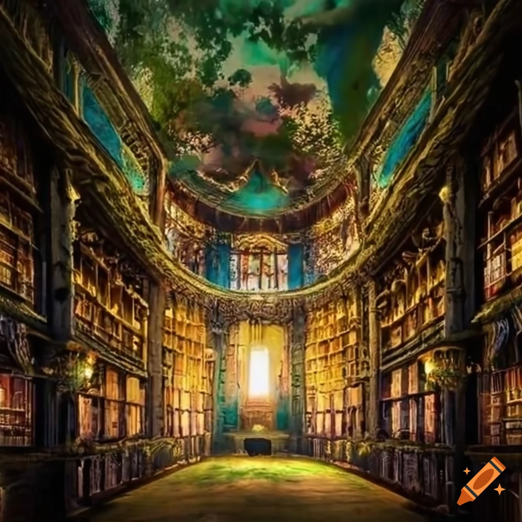 Gigantic ancient library building in a bright enchanted forest ...