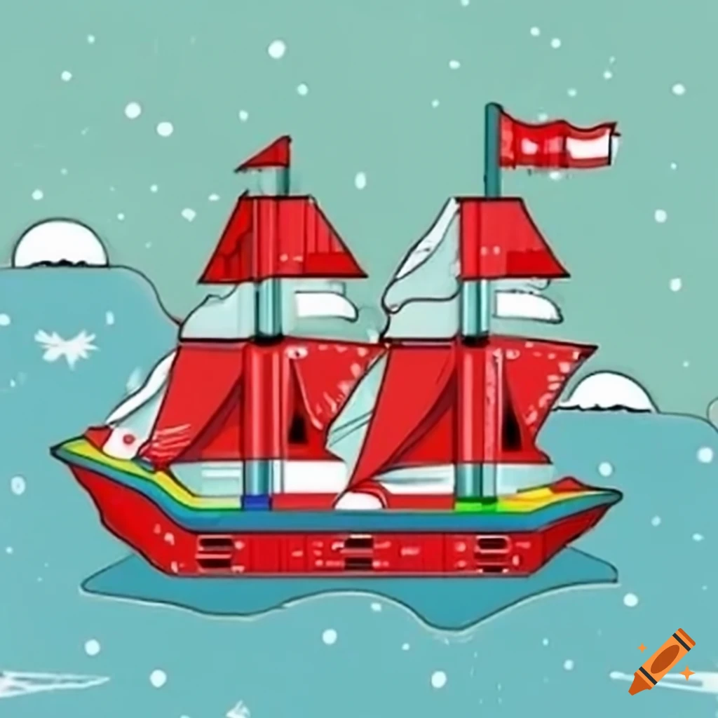 Red container ship with christmas theme