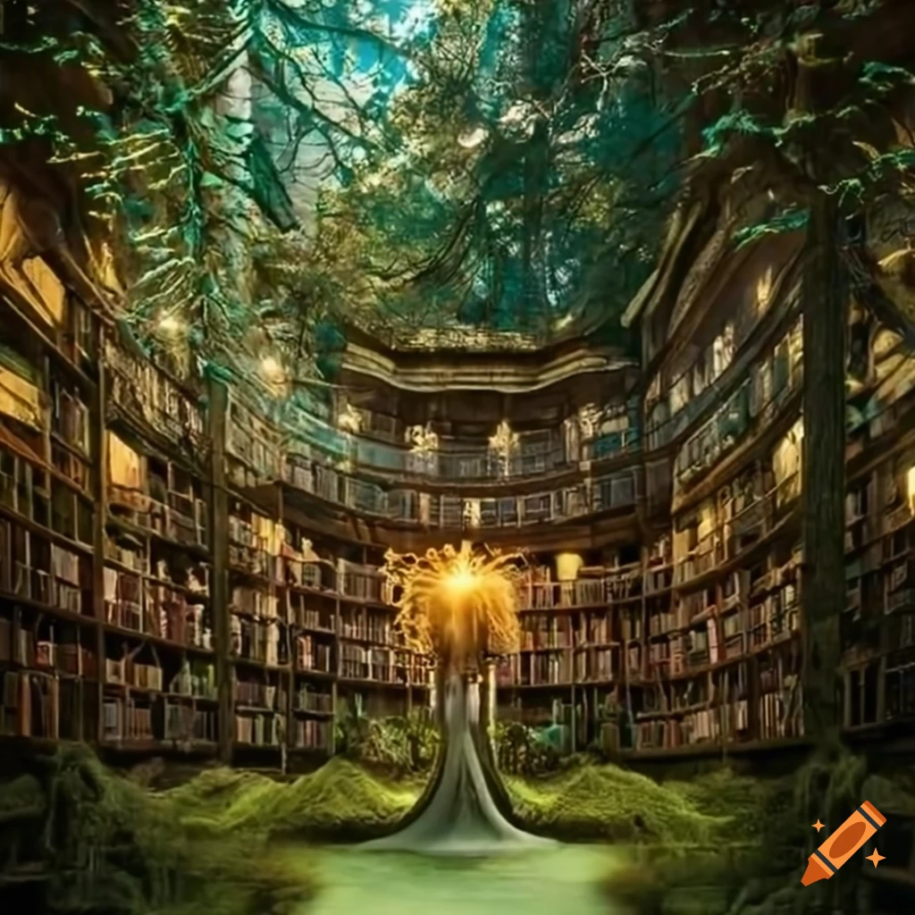 Gigantic library in the midst of a bright enchanted forest with tall ...