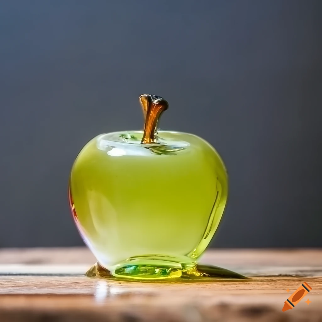 Glass sculpture of a small apple on a wooden table in evening light on ...