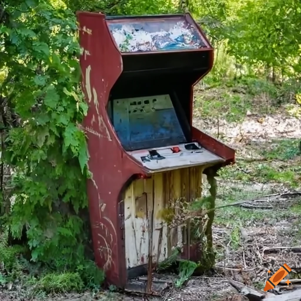 Abandoned retro arcade machine with overgrown vines and moss in a post ...