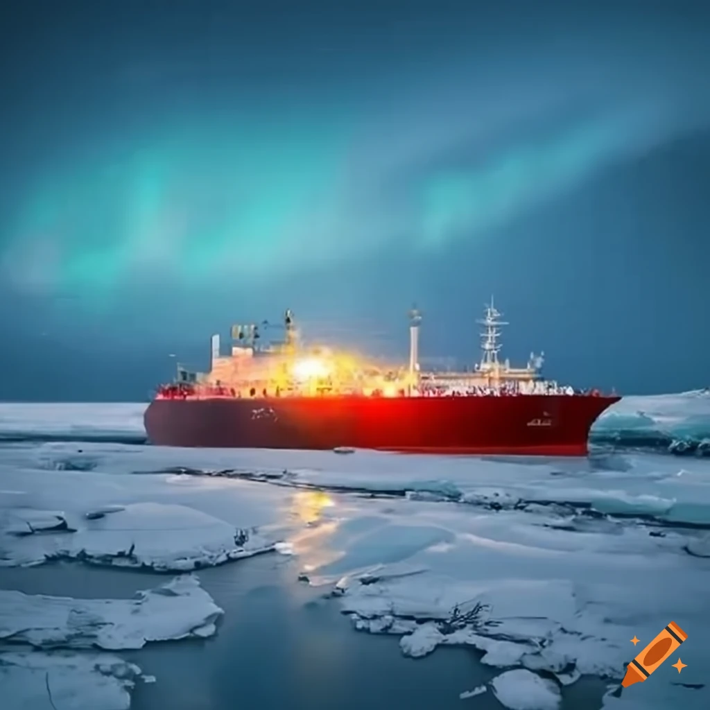 LNG tanker ship in icy waters with christmas themed decor, santa claus ...