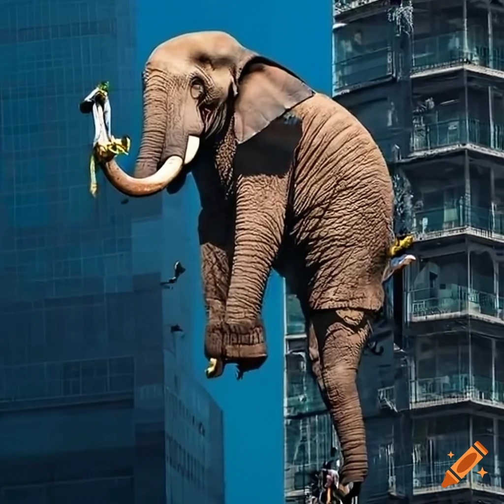 Elephant climbing a skyscraper with reporters filming from helicopters ...