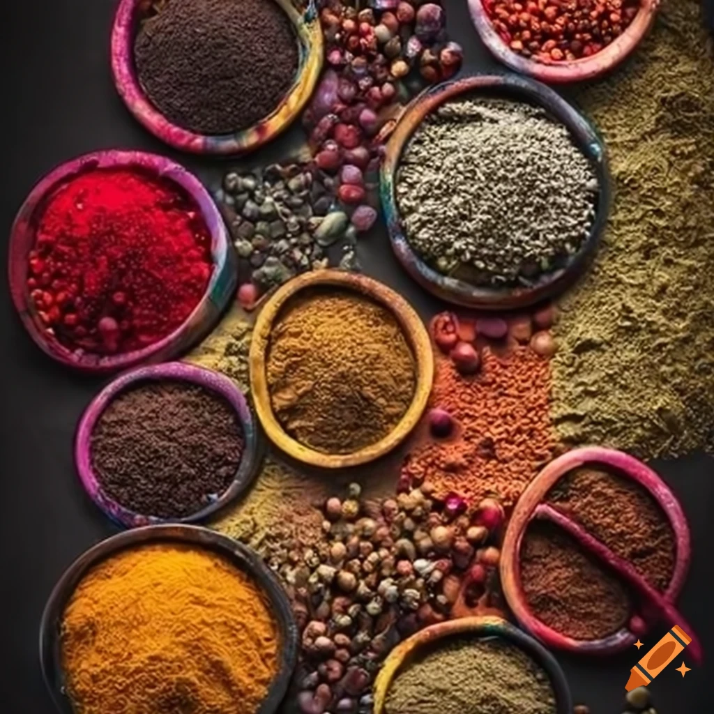 Colorful spices from different galaxies arranged on a rack