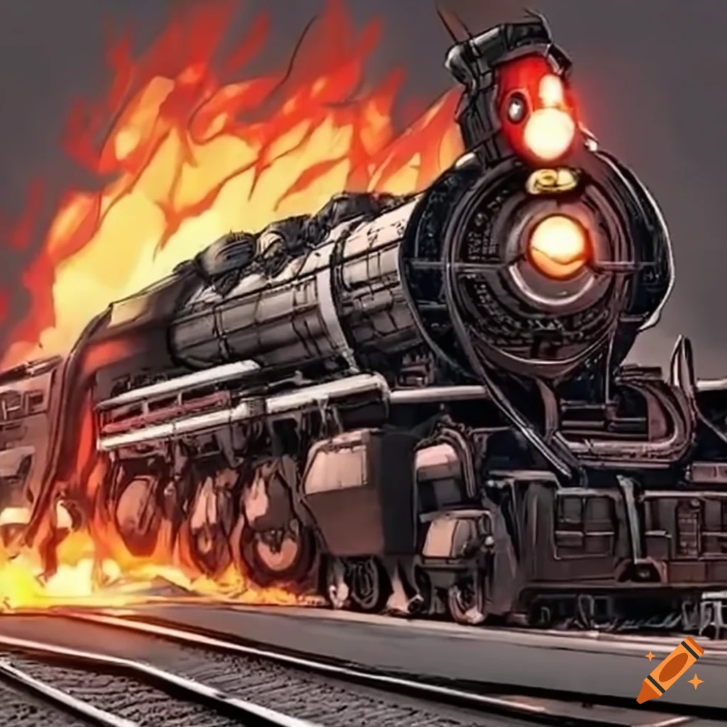 Big locomotive moving aggressively with burning flames on Craiyon