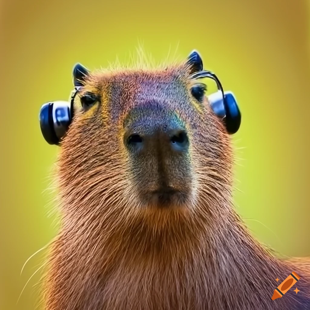 Capibara wearing headphones and listening on Craiyon