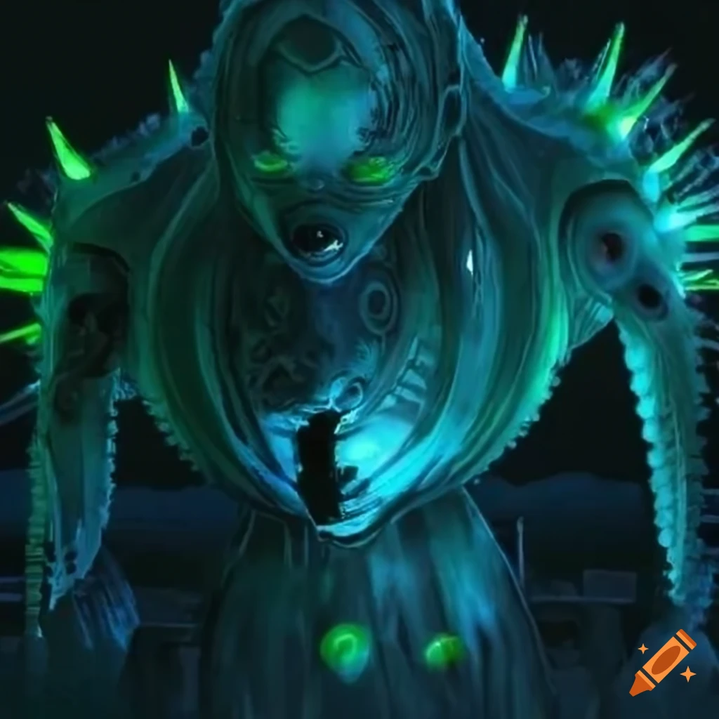 Dark humanoid figure with green eyes emerging from black puddle on Craiyon