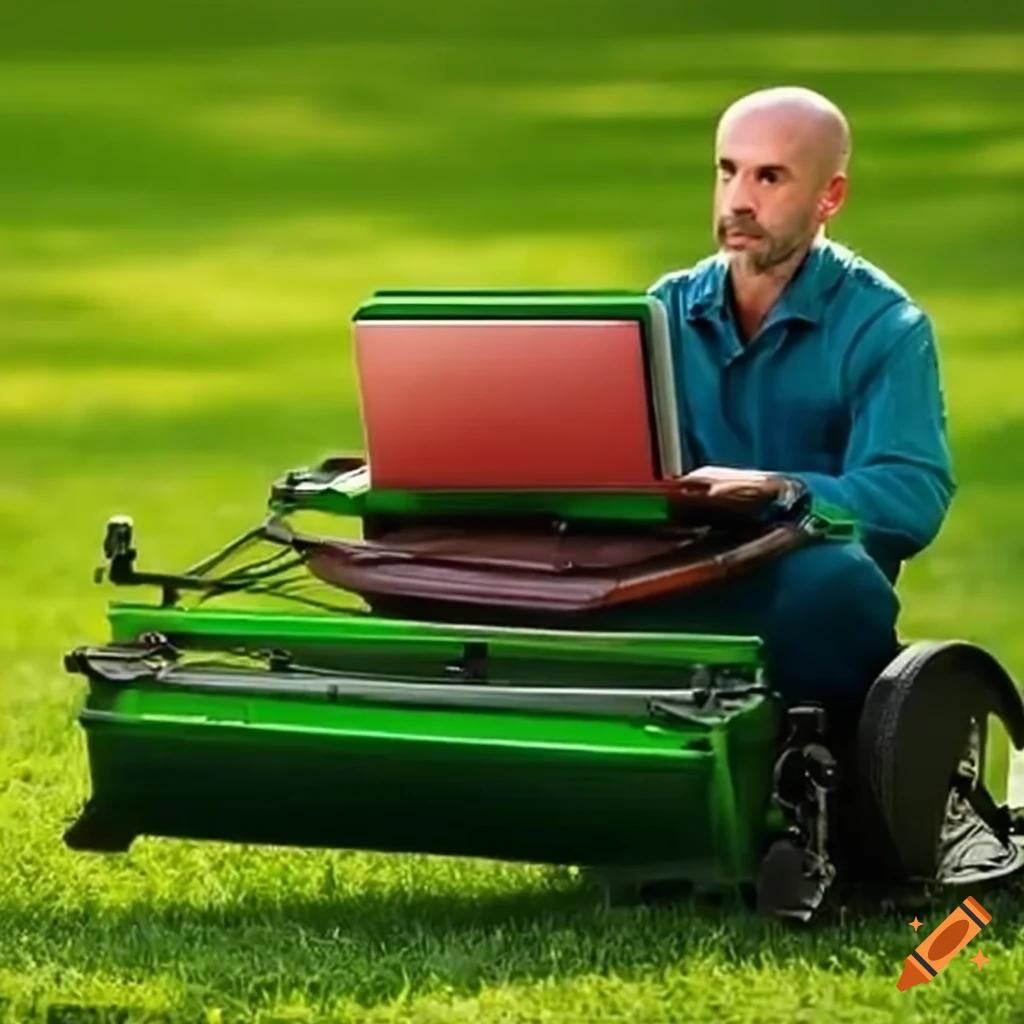 Computer professional mowing the lawn on Craiyon