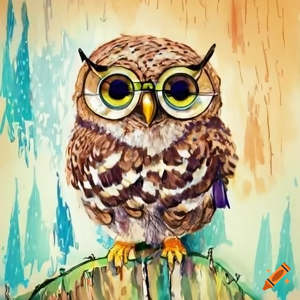 Little owl with glasses in a rainy forest on Craiyon
