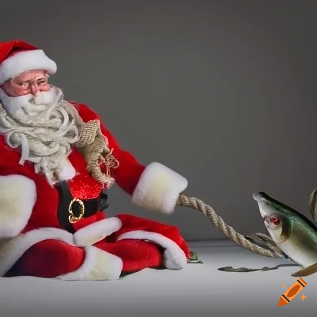 Santa Claus pulling a saithe fish with a rope on Craiyon