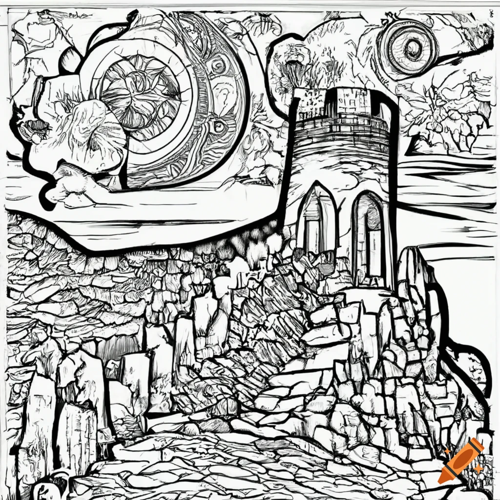Peaceful giant in a hillside fort in coloring book style