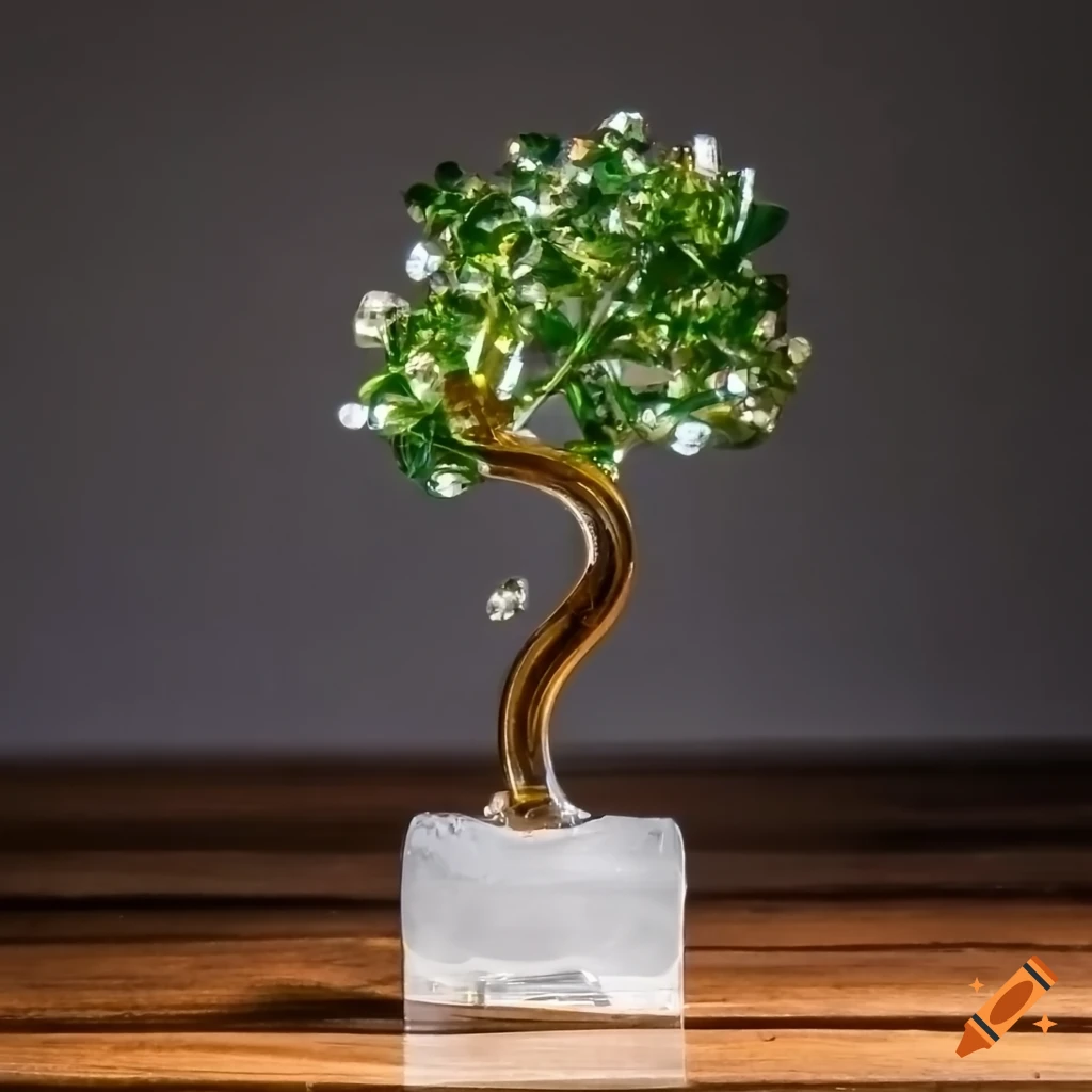 Glass sculpture of a small tree on a wooden table in evening light on ...
