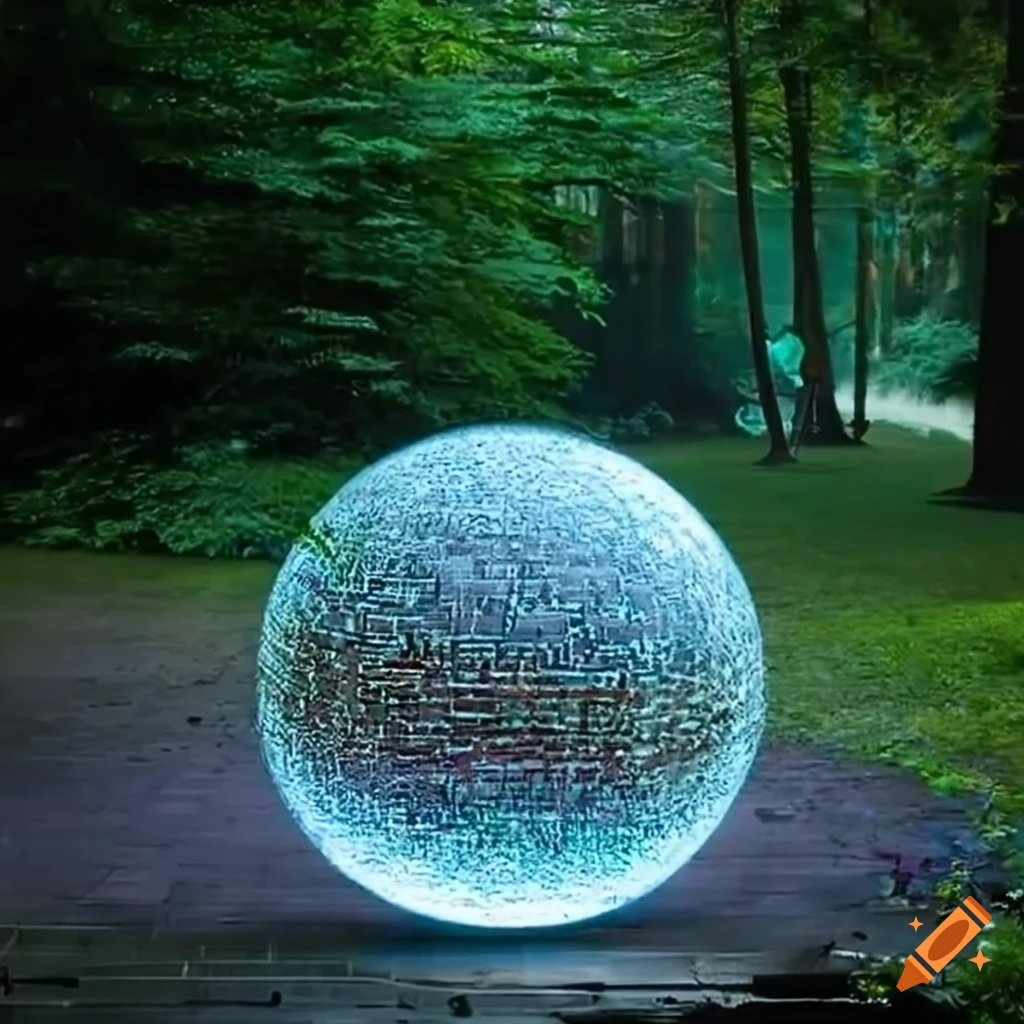 Glitched static sphere illuminating a misty garden path on Craiyon
