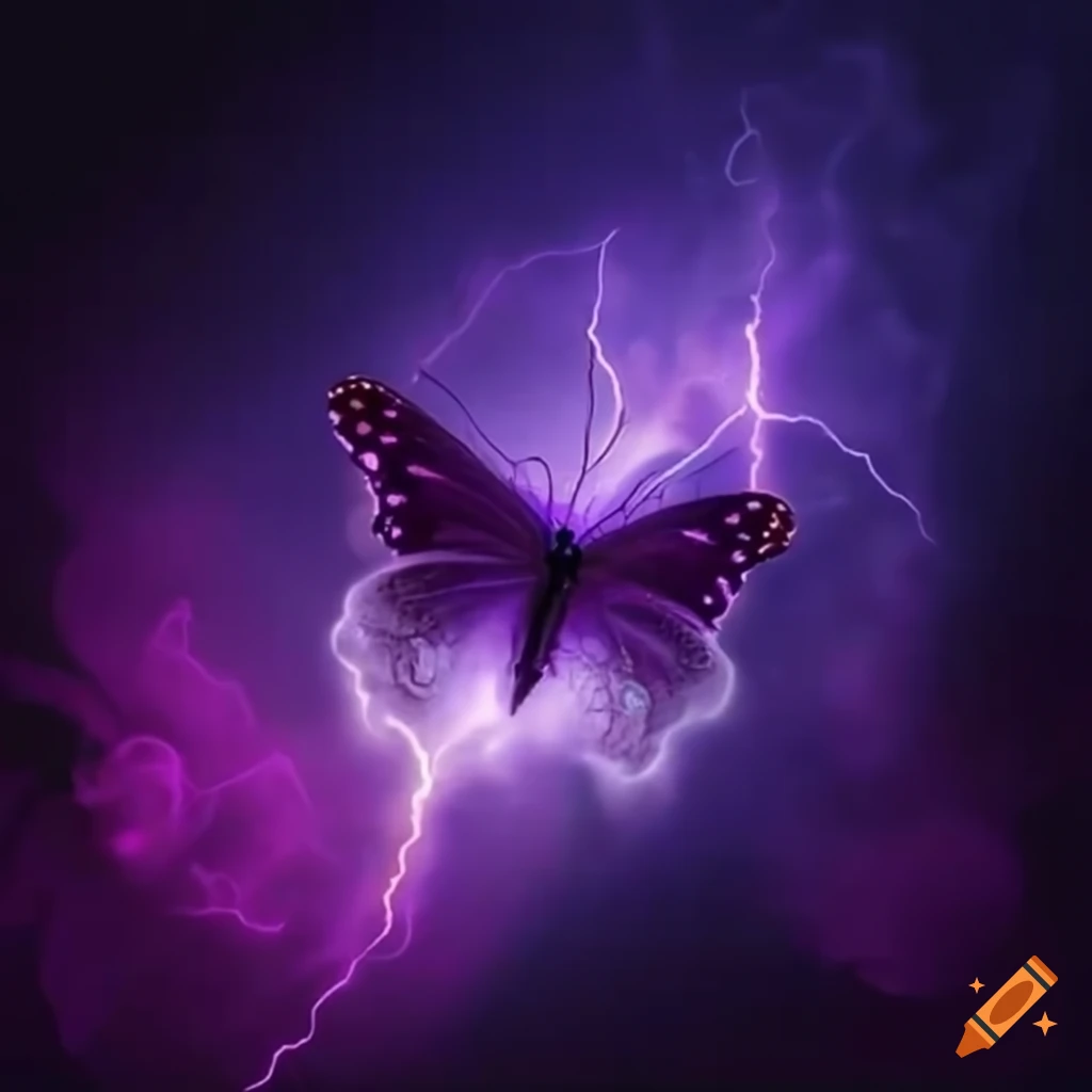 Ethereal butterfly over void with purple fire and lightning effects