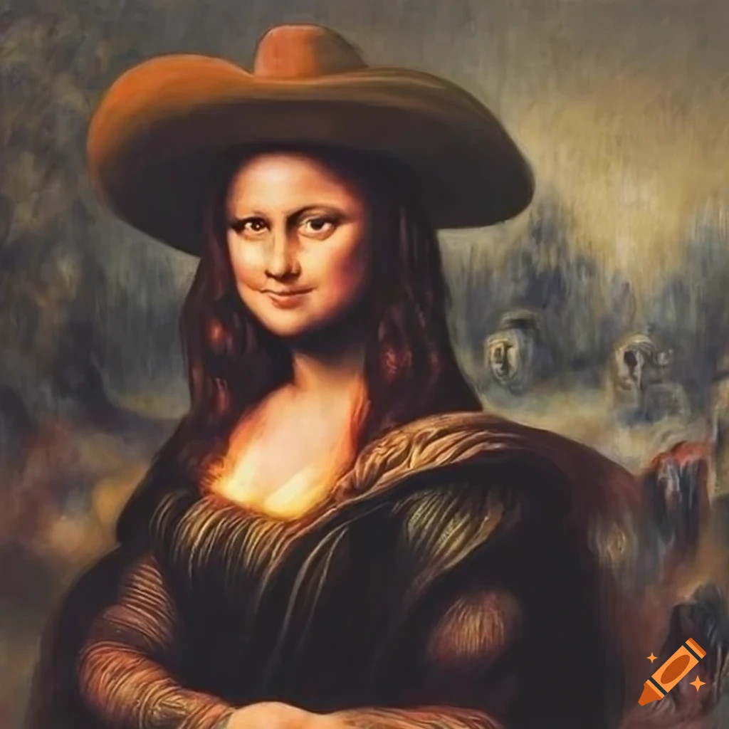 Mona Lisa wearing a cowboy outfit in a parody painting on Craiyon