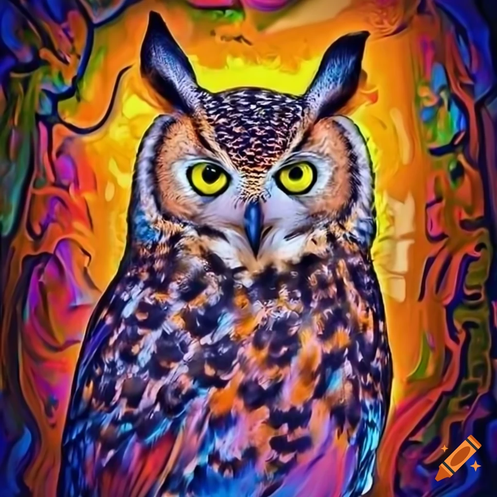 Vibrant abstract artwork of a great horned owl