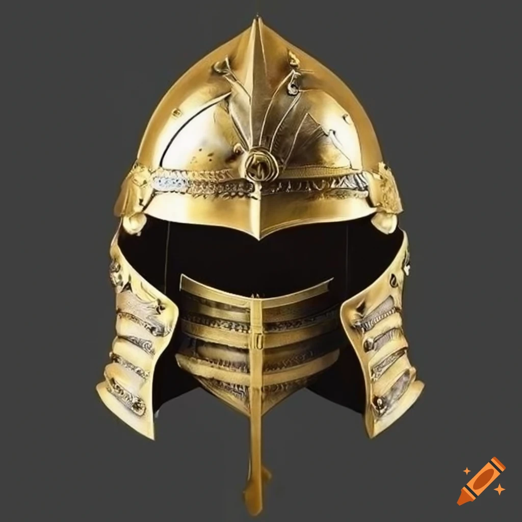 Medieval knight armor set with samurai helmet in black and gold