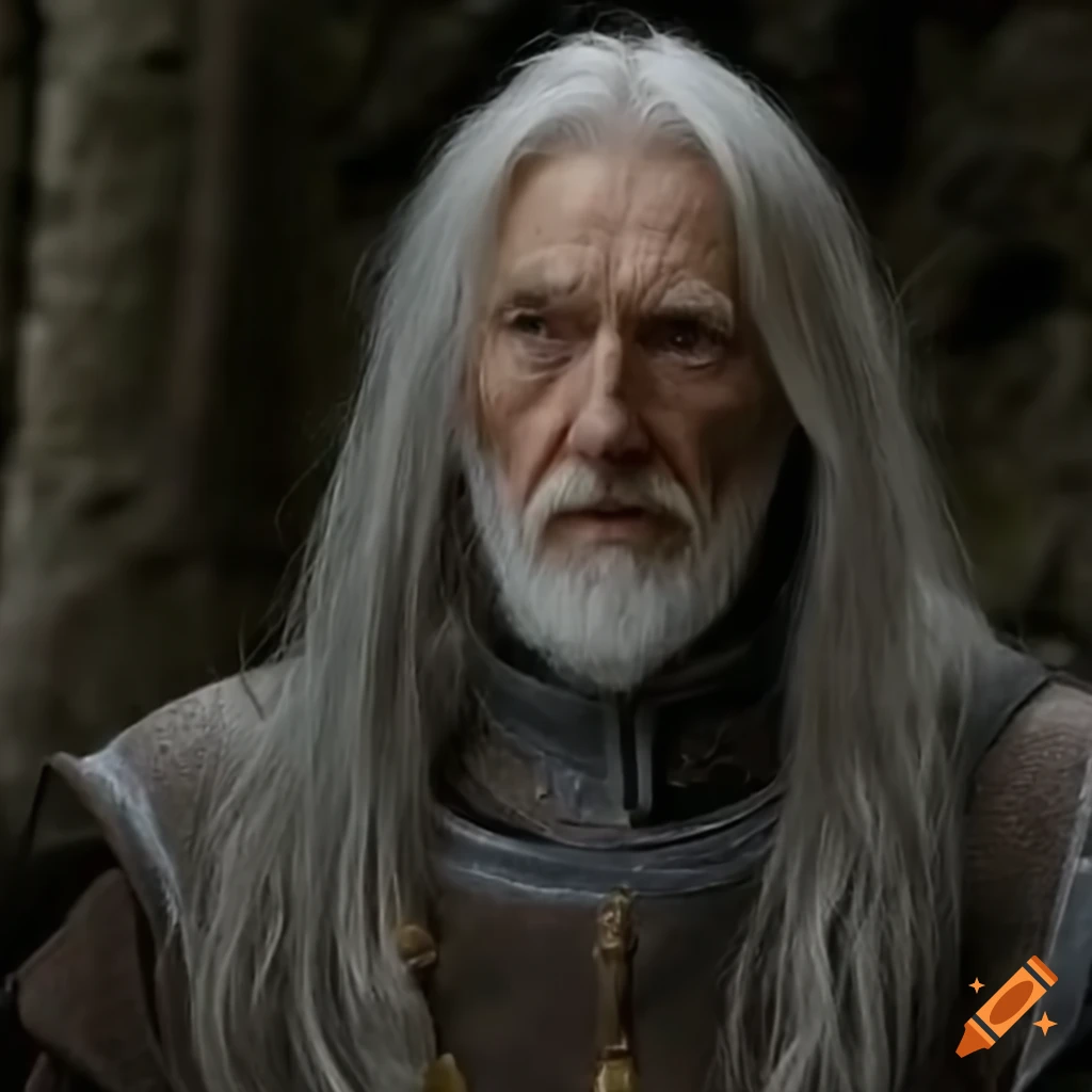 Old wizard with grey hair and staff in Middle-earth on Craiyon