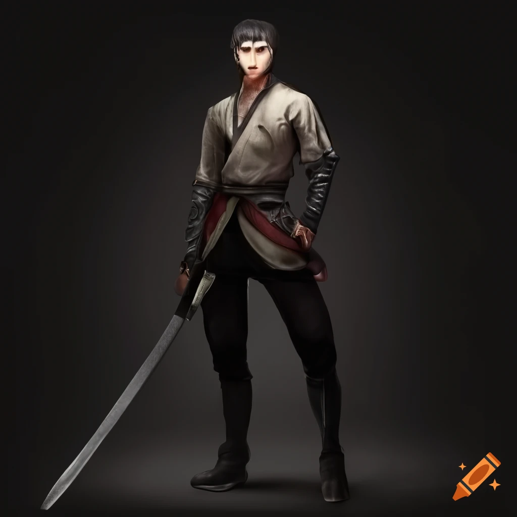 Male person with katana in idle position and black hair on Craiyon
