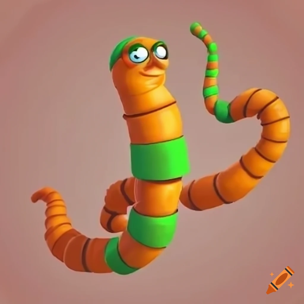 Cartoonish orange worm dancing with a green scarf on Craiyon