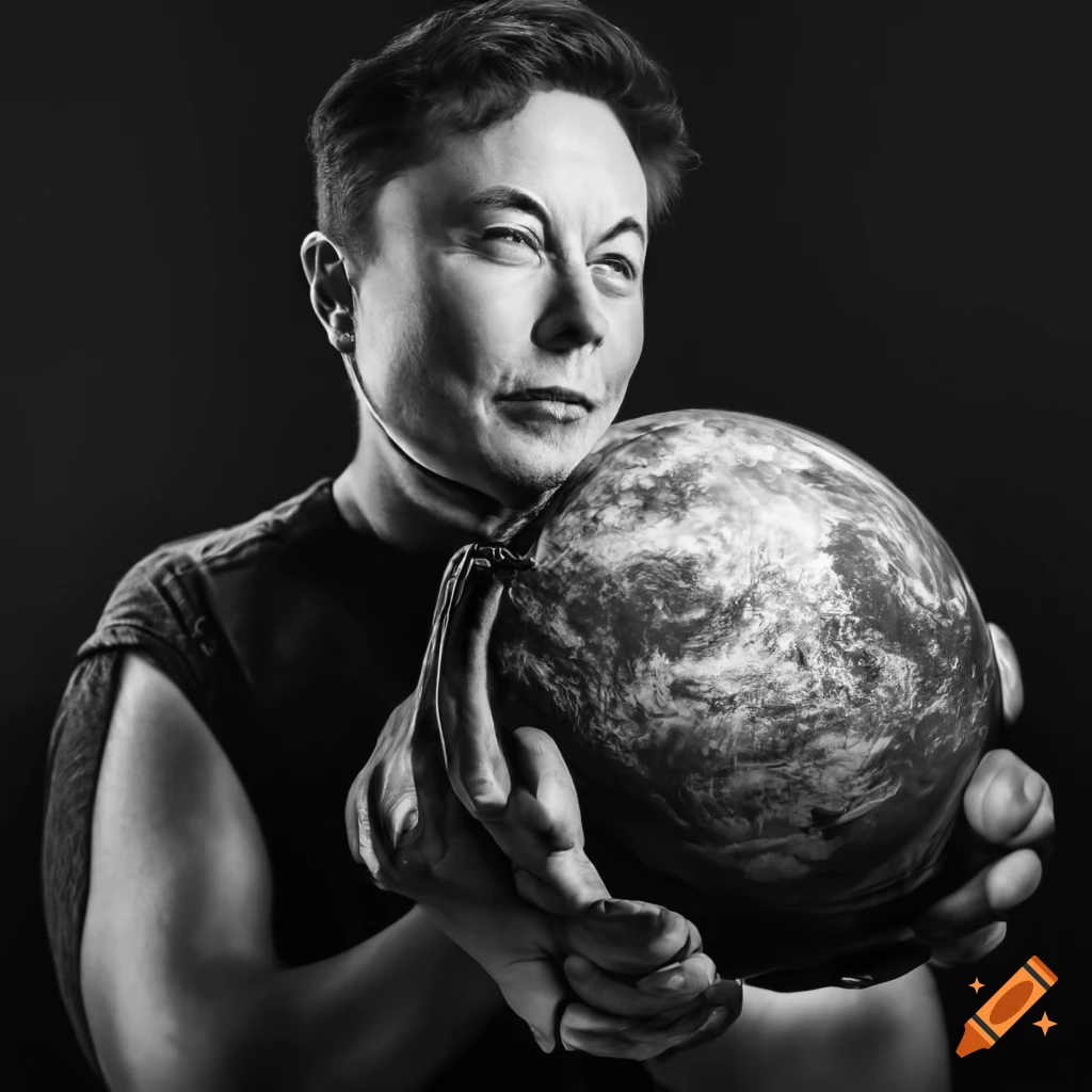 Elon Musk standing behind planet Earth holding an astronaut helmet with ...