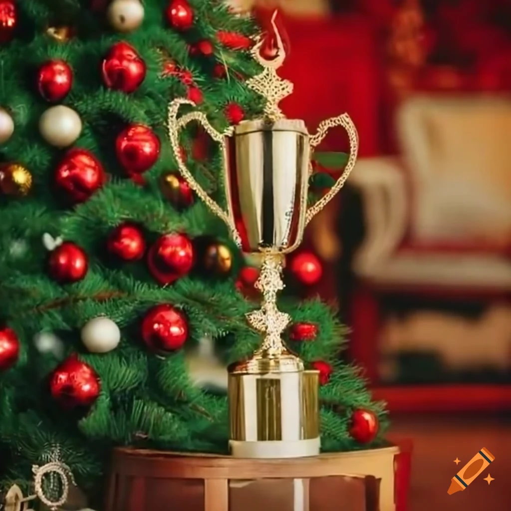 Festive christmas tree adorned with golf equipment and trophy