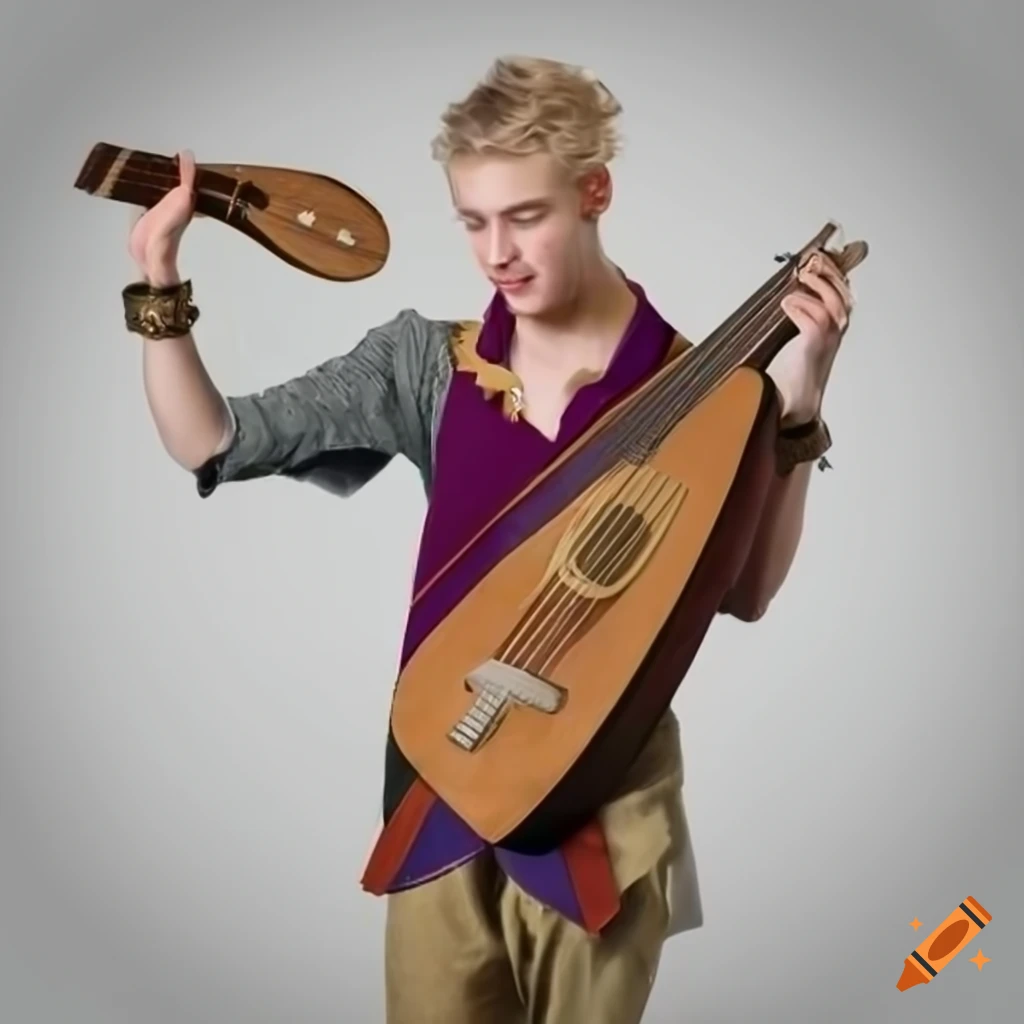 Happy male bard with lute in a fantasy setting on Craiyon