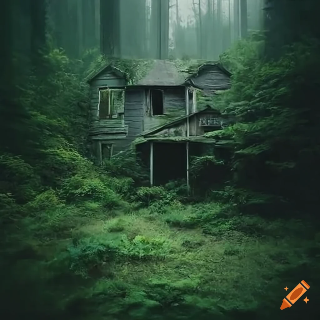 Abandoned house surrounded by overgrown plants in a dark forest setting on Craiyon