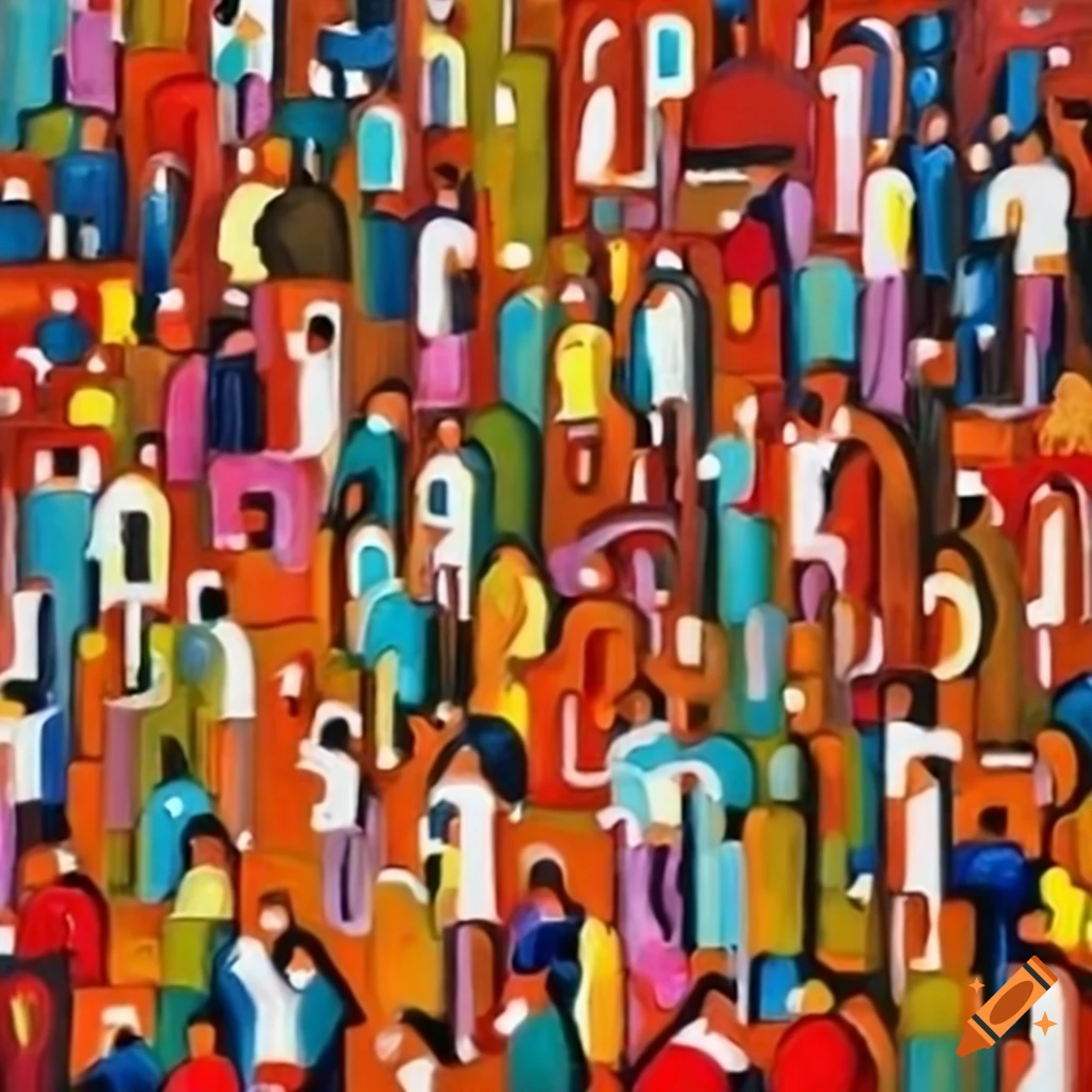 Abstract mosaic painting of a crowd in a maze on Craiyon