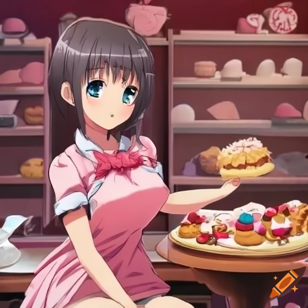 Engaging anime baker with hand-decorated pastries at a restaurant table ...