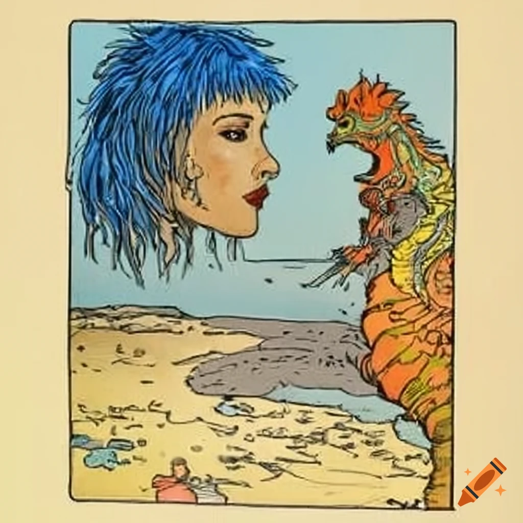 Colored ink drawing of a punk woman with a blue dragon by mœbius jean ...