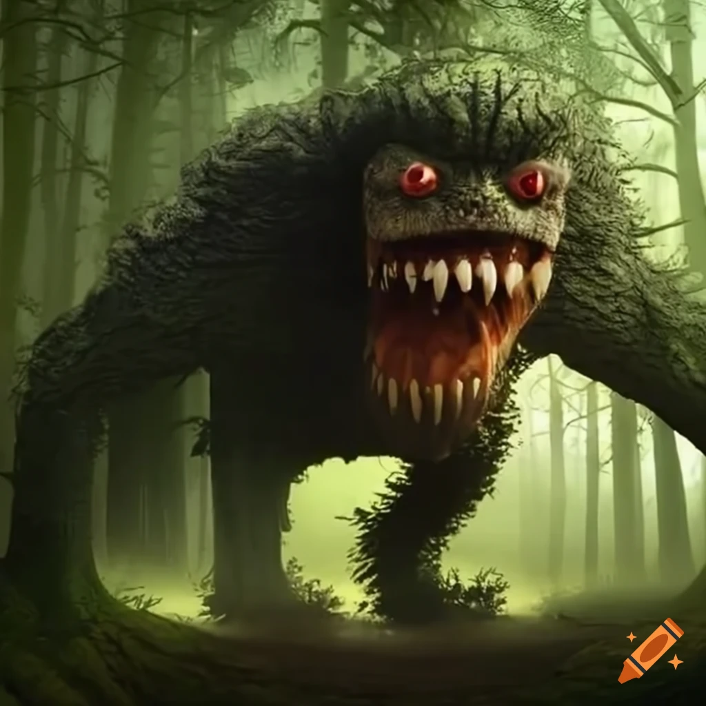 Walking trees in a forest with a short monster behind a tree on Craiyon