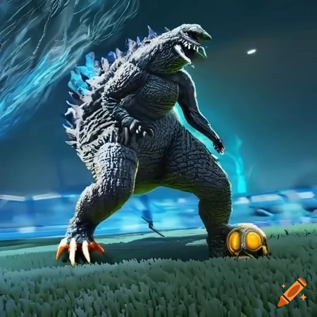 Illustration of deleuze and godzilla playing rocket league on Craiyon