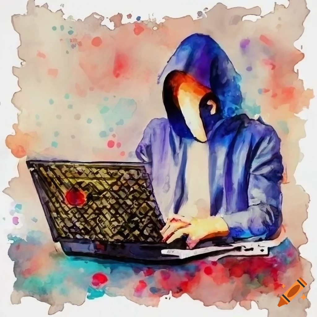 Watercolor painting of a hacker with a laptop and secure system on Craiyon
